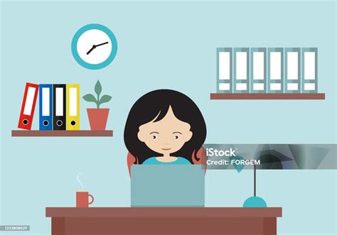 노트북에 사무실에서 일하는 여성의 평면 디자인 만화 일러스트 벽에 작업 책상 선반 및 시계 벡터 가정 생활에 대한 스톡 벡터 아트 및 기타 이미지 Istock