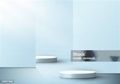 부드러운 파란색 부분 파티션 또는 배경이있는 3d 사실적인 실린더 연단 인테리어 룸 디지털 생성 이미지에 대한 스톡 벡터 아트 및 기타 이미지 디지털 생성 이미지