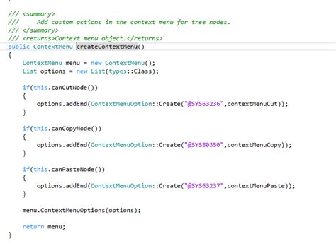 right click context menu in d365o on a tree control