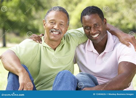 Vater Mit Erwachsenem Sohn Im Park Stockfoto Bild Von Leute Gealtert