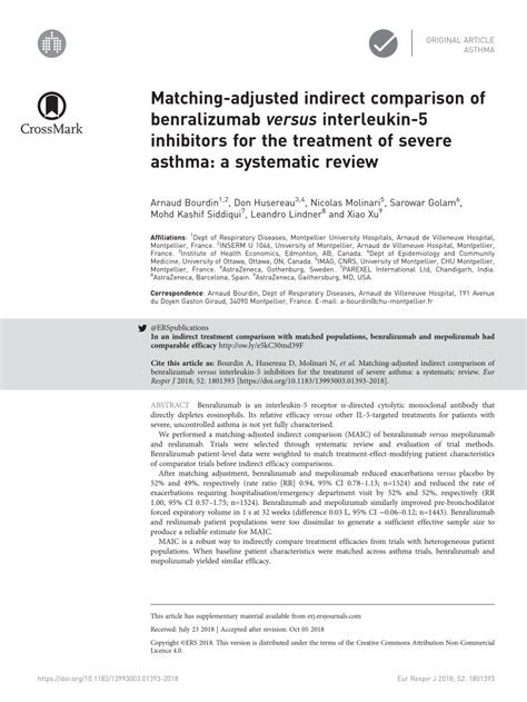 Pdf Matching Adjusted Indirect Comparison Of Benralizumab Versus