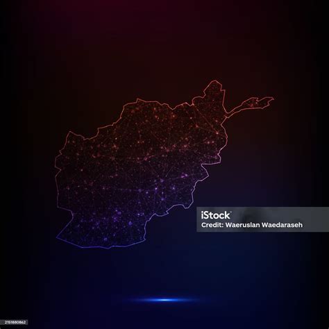 아프가니스탄지도 개요 별과 선 여러 색상 추상 프레임 워크 어두운 배경에 미래 지향적인 낮은 다각형 와이어 프레임 선 및 점 디자인 0명에 대한 스톡 벡터 아트 및 기타