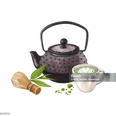 수채화 그룹 유기농 녹색 일본 말 차 라떼 컵 검은 주전자와 거품기 마른 잎 손으로 그린 그림은 흰색 배경에 고립되어 있습니다 푸드 메뉴 카페 요리 디자인용 음료 가루로