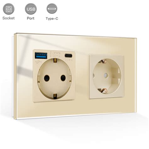 Розетка электрическая 2 поста с Usb Type C портами 3 1a и розеткой Eu 220 цвет золотая 8шт