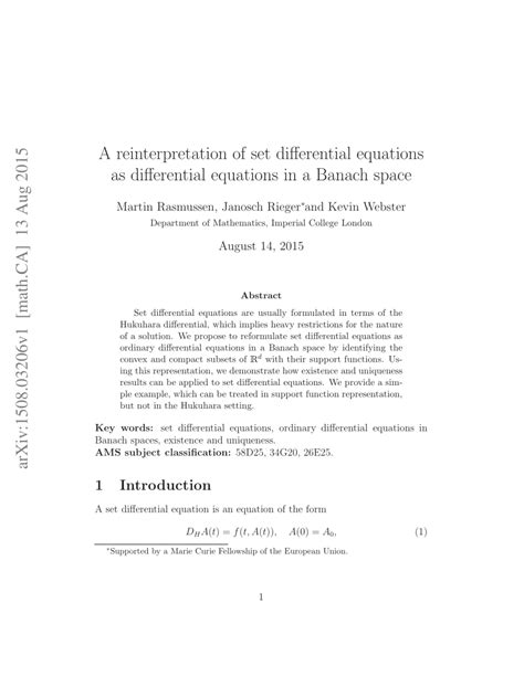 Pdf A Reinterpretation Of Set Differential Equations As Differential Equations In A Banach Space