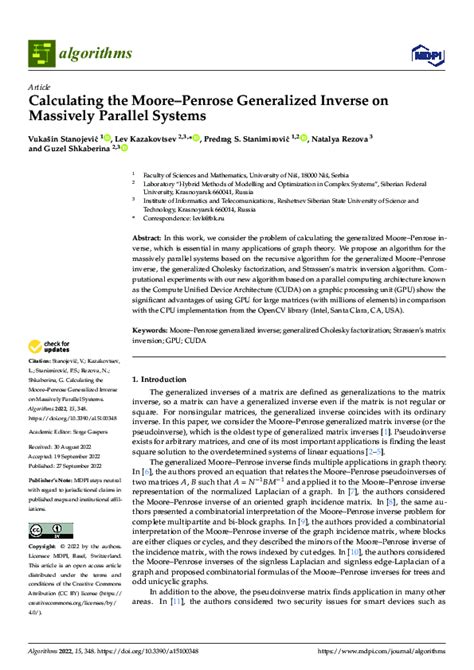 Pdf Calculating The Moore Penrose Generalized Inverse On Massively Parallel Systems