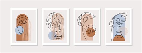 추상적인 연속 여성 얼굴 부분 열대 나뭇잎 기하학적 모양 포스터는 1950년 중반 세기 스타일로 설정되어 있습니다 극락조화에