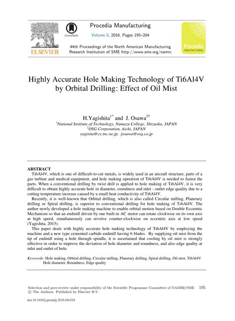 Pdf Highly Accurate Hole Making Technology Of Ti6al4v By Orbital Drilling Effect Of Oil Mist