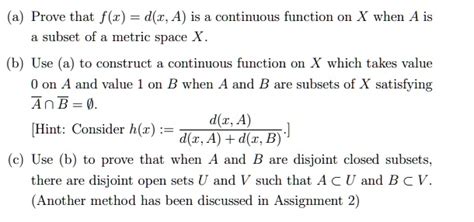 A Prove That F X D X A Is A Continuous Function On X When A Is A Subset Of A Metric Space