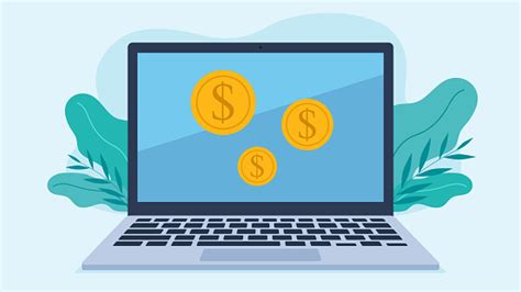 화면에 달러 기호가 나타나는 동전 아이콘이 있는 노트북의 그래픽입니다 노트북 뒤에는 식물이 있습니다 Falt 스타일 그래픽 0명에 대한 스톡 벡터 아트 및 기타 이미지