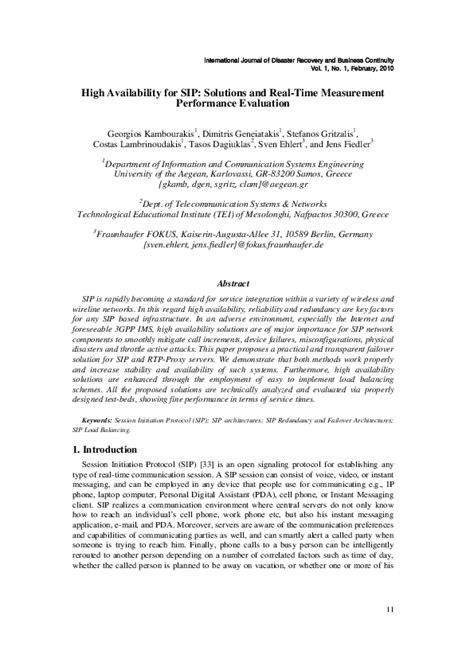 Pdf High Availability For Sip Solutions And Real Time Measurement Performance Evaluation