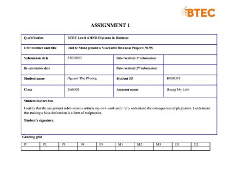 Asm1 Project Nguyen Thu Phuong 1 Assignment 1 Qualification Btec Level 4 Hnd Diploma In