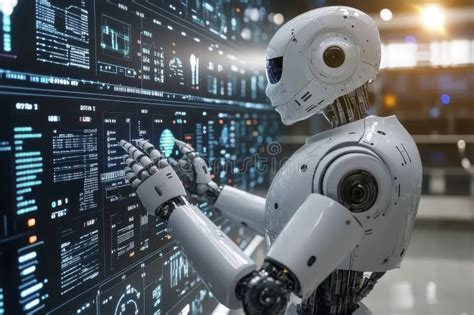 Digital Guardian Robot Protecting Data Streams With Holographic Cybersecurity Visuals Stock