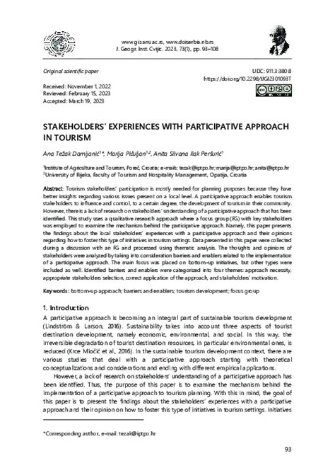 Pdf Stakeholders Experiences With Participative Approach In Tourism