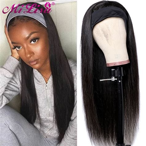 흑인 여성용 28 인치 헤드밴드 가발 인모 U 부분 가발 쉬운 설치 브라질 레미 스트레이트 인모 가발 접착제가 필요 없는 긴풀 머신 가발 Aliexpress