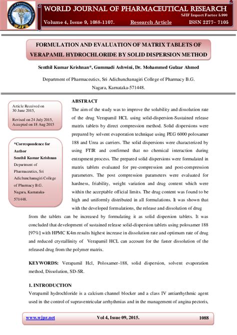 Pdf Formulation And Evaluation Of Matrix Tablets Of Verapamil Hydrochloride By Solid