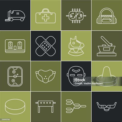 세트 라인 아이스하키 스틱과 퍽 공기 플레이용 망치 컵 챔피언 하키 테이블 교차 붕대 석고 기계 점수판 재포장기 및 스케이트 아이콘 벡터 0명에 대한 스톡 벡터 아트 및