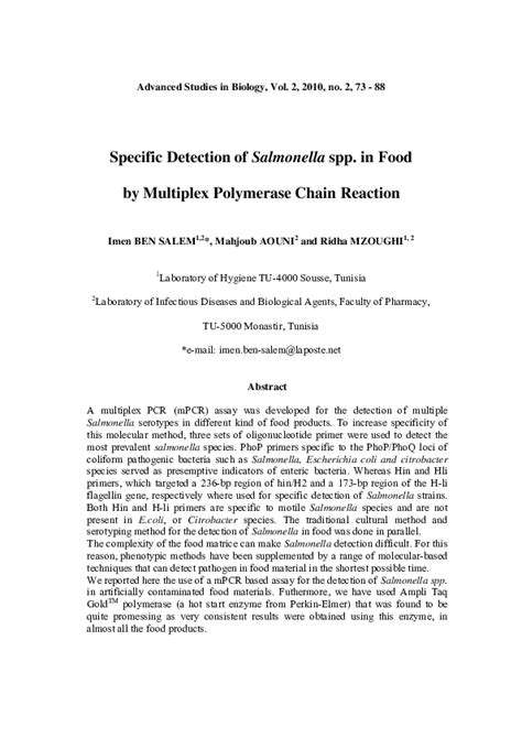 Pdf Specific Detection Of Salmonella Spp In Food By Multiplex