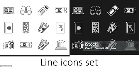 세트 라인 박물관 건물 번역기 책 티켓 도시지도의 인포 그래픽 표지 여행 가이드 온라인 자동차 공유 티켓 및 쌍안경 아이콘 벡터 건축에 대한 스톡 벡터 아트 및 기타 이미지