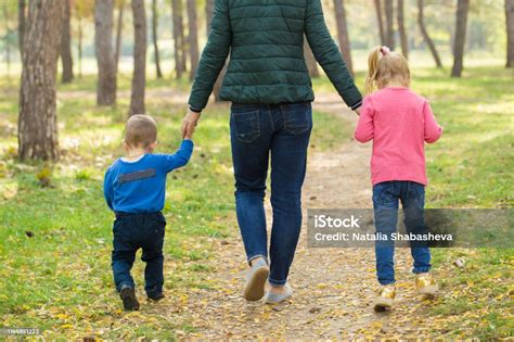 엄마 아들과 딸 일몰에 공원에서 산책 행복 한 가족의 개념 가방에 대한 스톡 사진 및 기타 이미지 가방 가을 가족 Istock