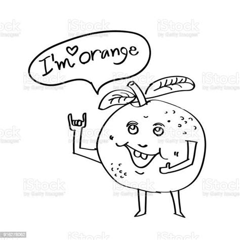 행복 한 오렌지 과일 손을 그려 만화 캐릭터 낙서 스타일 거품 텍스트 색칠 책 페이지 개념 성인과 어린이 벡터 일러스트 레이 션 디자인을 0명에 대한 스톡 벡터 아트 및