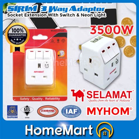 Selamat Myhom 13a 3 Way Adaptor Extension Socket With Neon Switch Sirim