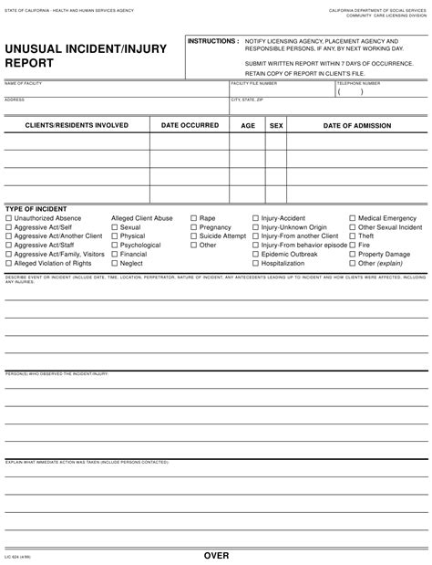 Unusual Incident Injury Report Form Lic ReportForm Net