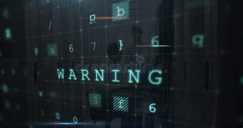 Image Of Cyber Attack Warning Over Caucasian People In Server Room Stock Image Image Of