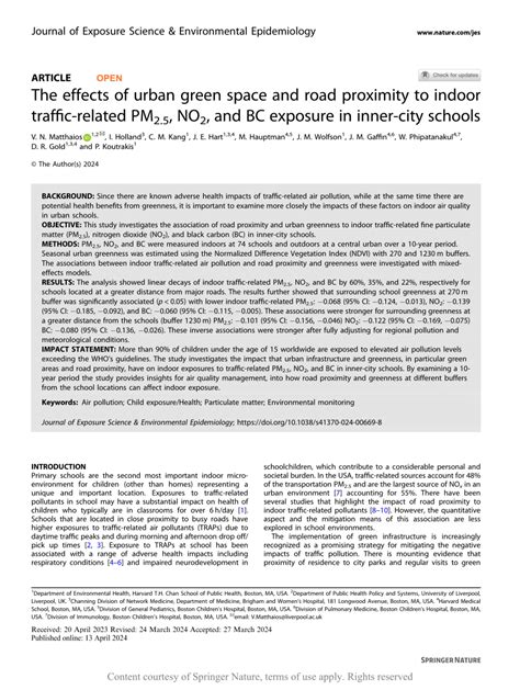 Pdf The Effects Of Urban Green Space And Road Proximity To Indoor Traffic Related Pm2 5 No2