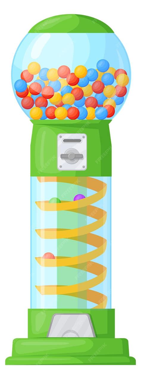 풍선껌 기계 만화 검볼 디스펜서 달콤한 공 사탕 흰색 배경에 고립 프리미엄 벡터