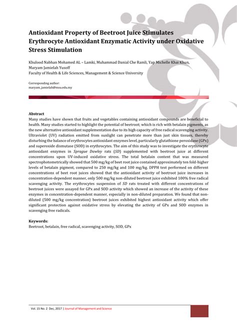 Pdf Antioxidant Property Of Beetroot Juice Stimulates Erythrocyte Antioxidant Enzymatic