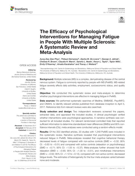 Pdf The Efficacy Of Psychological Interventions For Managing Fatigue In People With Multiple