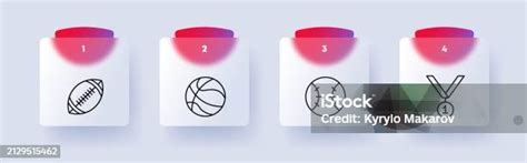 유용한 취미 세트 아이콘입니다 스포츠 장비 미식 축구 럭비 농구 1 위 메달 상 테니스 공 건강 관리 번호 매기기 건강한 라이프 스타일 개념 Glassmorphism 스타일