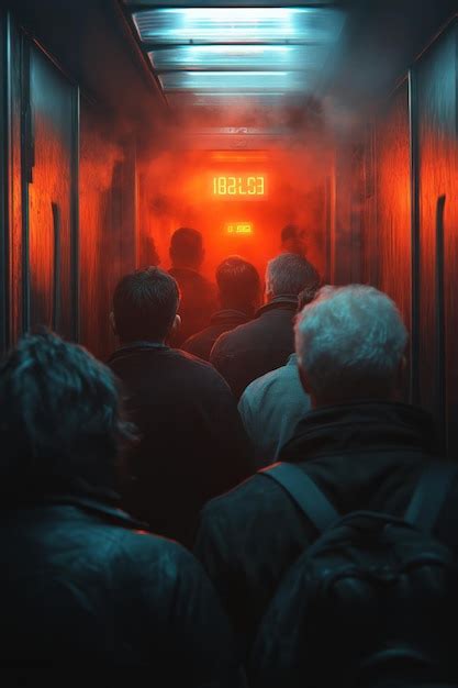 Artistic Rendering Of People Stuck In An Elevator Illuminated By Emergency Lights Premium Ai