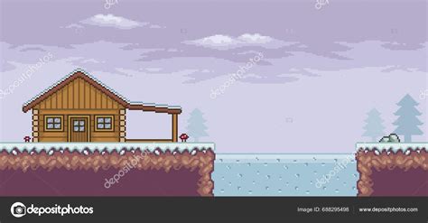 Pixel Art Game Scene Snow Wood House Pine Trees Frozen Stock Vector By ©kalebsilva 688295498