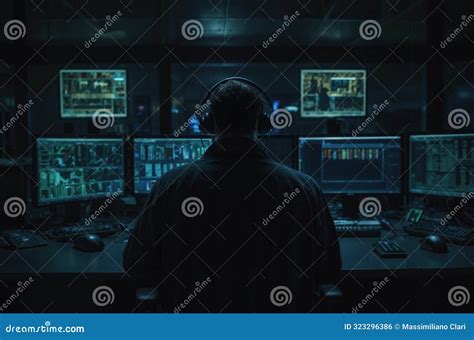 Programmer Working Late At Night On Computer In Dark Office Room Stock