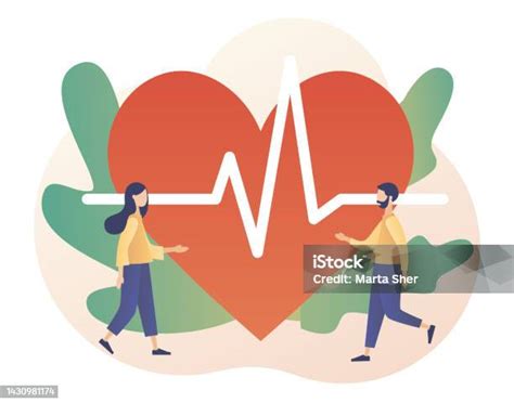 맥박수를 가진 큰 심장 심장학 치료 및 검진 심장 건강과 질병 의료 개념 현대 플랫 만화 스타일 흰색 배경에 벡터 일러스트 레이 션 심장 질환에 대한 스톡 벡터 아트 및