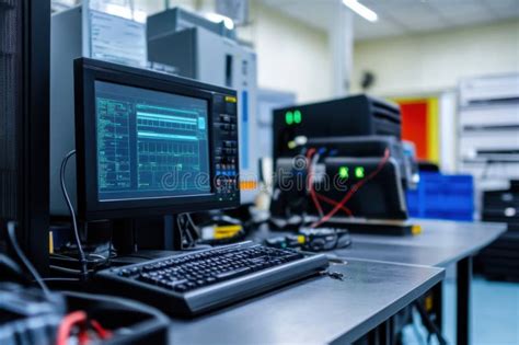 High Tech Workstation In A Modern Laboratory With Advanced Computer Equipment Displaying Data