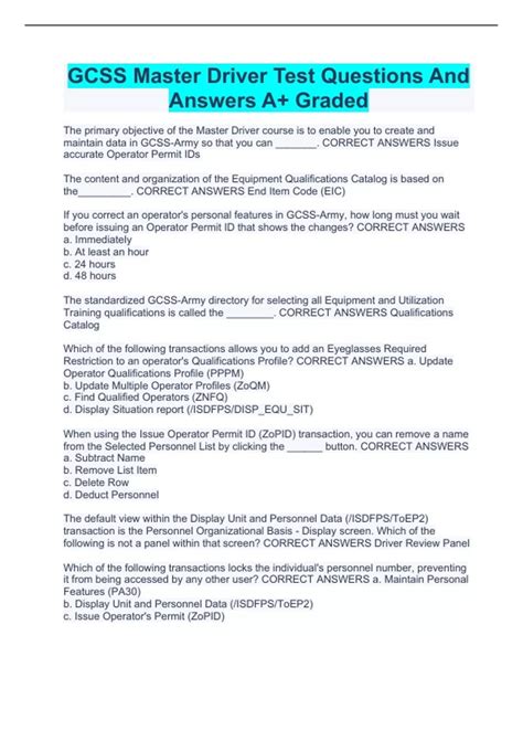 gcss master driver test questions and answers a graded master