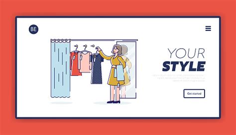 드레싱 룸에서 시도하는 옷걸이에 옷을 선택하는 쇼핑에 여자 온라인 상점 방문 페이지 고객에 대한 스톡 벡터 아트 및 기타 이미지 고객 고름 구매 Istock