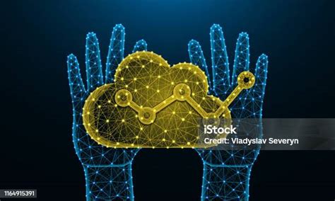 인간의 손과 클라우드 분석 낮은 폴리 디자인 축구 다각형 스타일의 데이터 분석 어두운 파란색 배경에 포인트와 선으로 만든 그래프