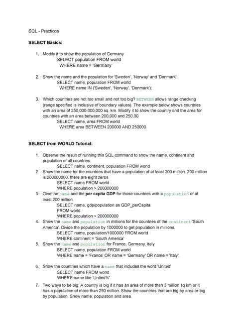 SQL Practicos SQL Practicos SELECT Basics Modify It To Show The Population Of Germany