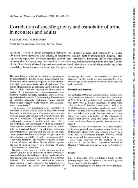 Correlation Of Specific Gravity And Osmolality Of Urine In Neonates And Adults Docslib