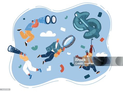 행복한 사람들의 벡터 일러스트 레이 션은 기뻐하고 날아갑니다 비즈니스 인큐베이터 팀이 날고 있습니다 전구 빛 돋보기 달러 기호 쌍안경 스파이글라스를 가진 사람들 Html에