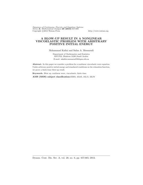 Pdf A Blow Up Result In A Nonlinear Viscoelastic Problem With Arbitrary Positive Initial Energy