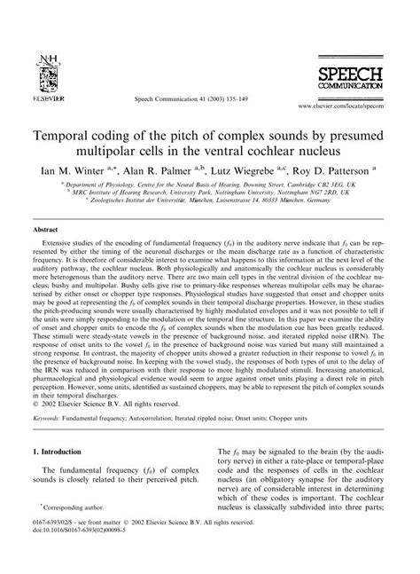 Pdf Temporal Coding Of The Pitch Of Complex Sounds By Presumed