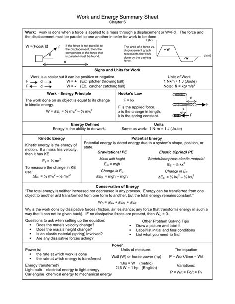 Physics Reference Sheet Work And Energy Download Printable PDF Templateroller