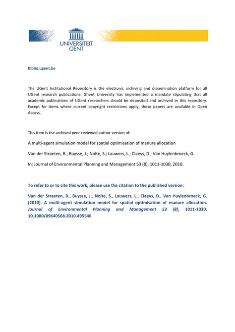 Pdf A Multi Agent Simulation Model For Spatial Optimisation Of Manure Allocation