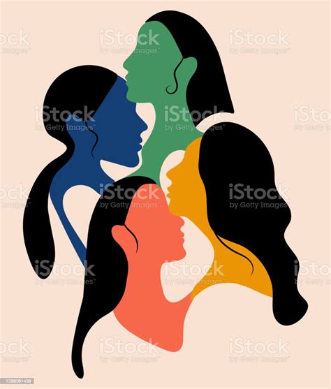 강력한 여성 운동 네 얼굴 문자 검은 머리를 가진 다양한 여성의 플랫 디자인 스타일 벡터 일러스트 레이션 세트 추상미술 네 명의 여성 컬러풀한 얼굴 여자에 대한 스톡 벡터