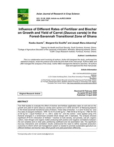 [pdf] Influence Of Different Rates Of Fertilizer And Biochar On Growth And Yield Of Carrot